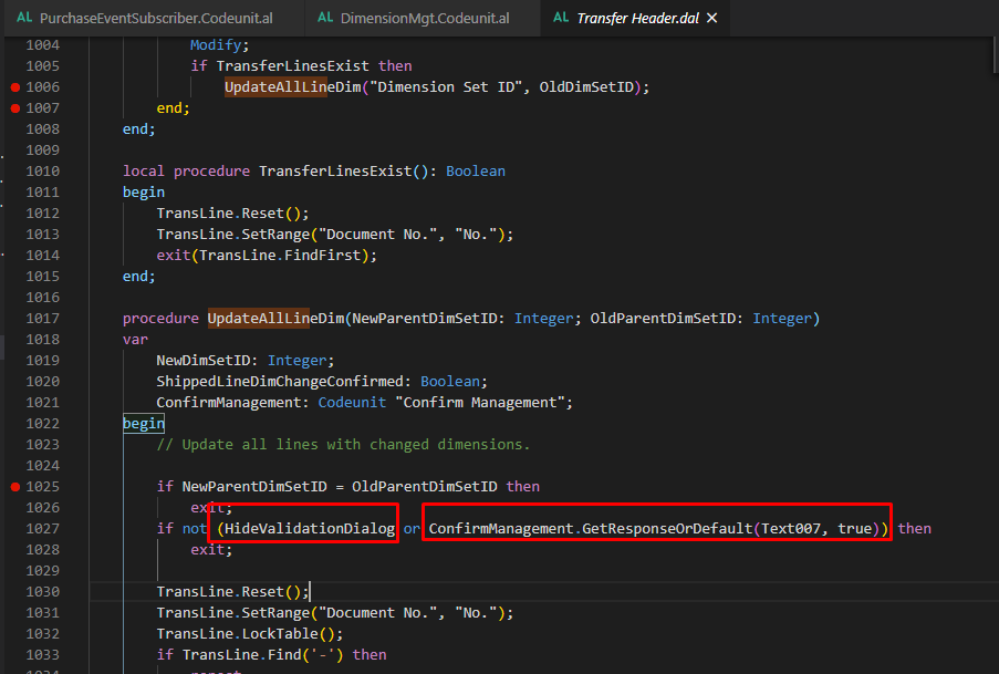 UpdateAllLineDim HideValidationDialog doesnt work on TransferHeader ...
