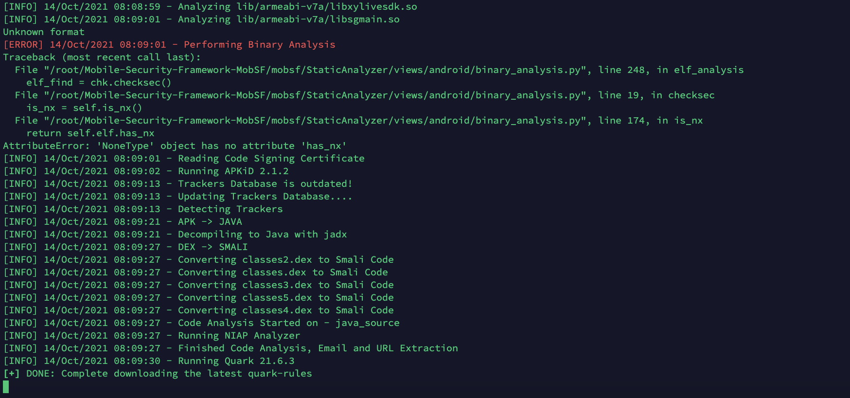 [error] 14 Oct 2021 08 09 01 Performing Binary Analysis · Issue 1826 · Mobsf Mobile Security