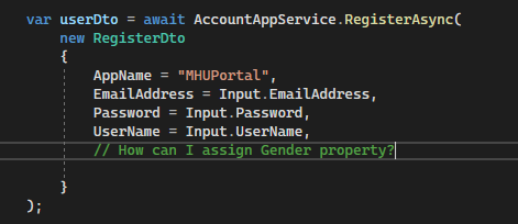 How can I assign extended properties to a new instance of RegisterDto when registering a new ...