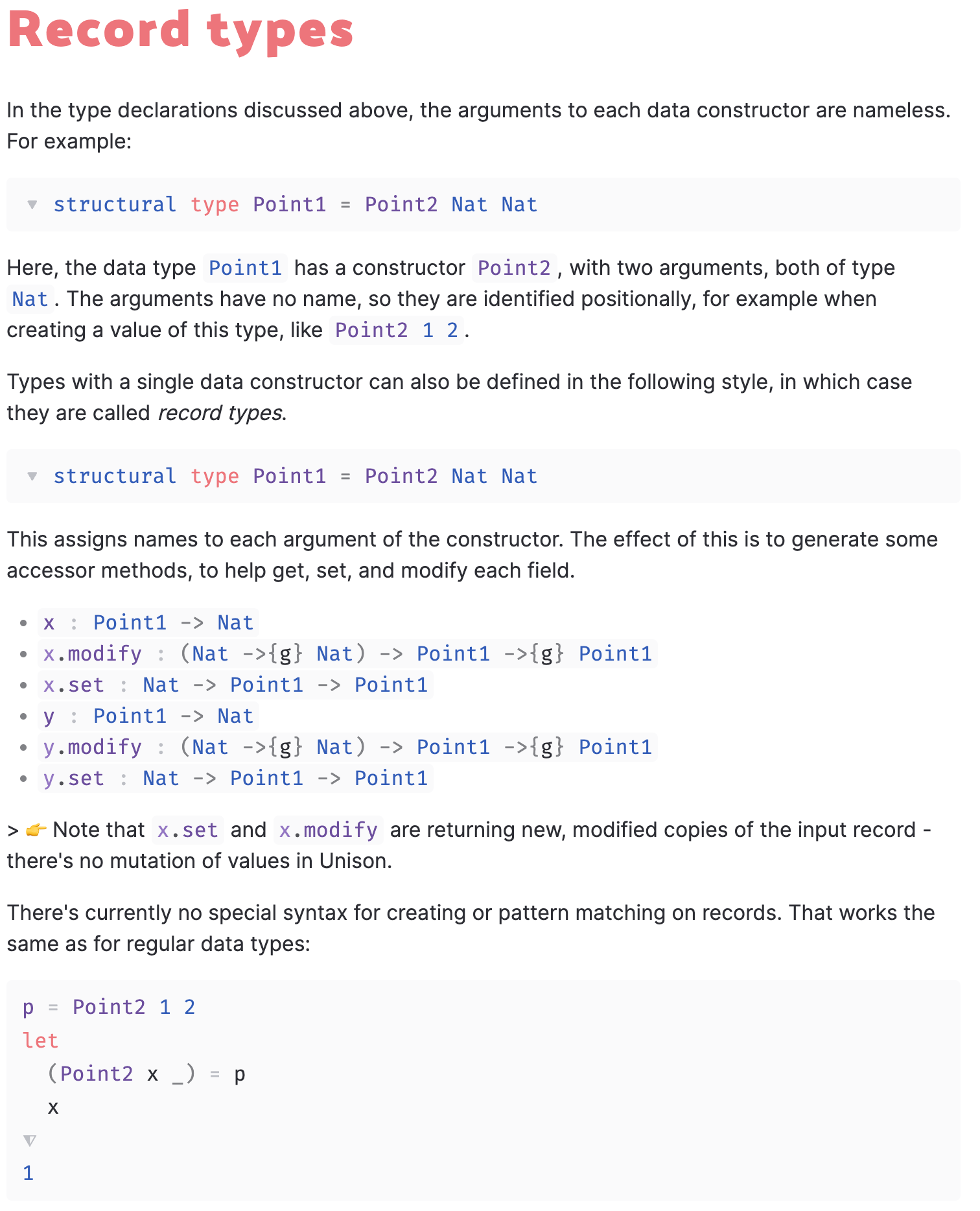 record types are not rendered correctly at https://www.unison-lang.org/docs/language-reference ...