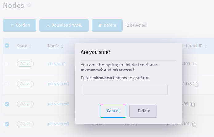 No reconfirmation for deleting multiple resources · Issue #2175 · rancher/dashboard · GitHub