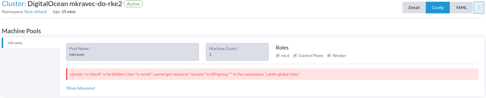 Cluster Owner (standard user) has error message in viewing the config of the RKE2 cluster ...