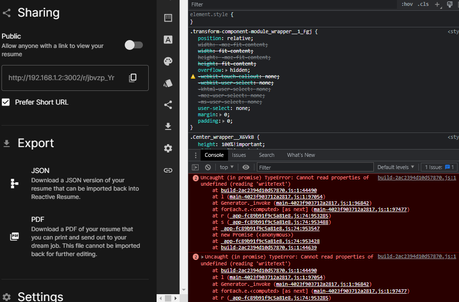  BUG Copy Button Not Working Issue 991 AmruthPillai Reactive Resume GitHub