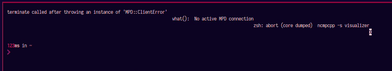 [BUG] crash on startup when starting with visualizer screen · Issue #432 · ncmpcpp/ncmpcpp · GitHub