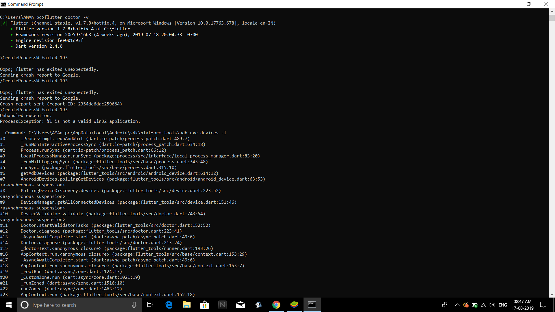 On windows, attempt to execute adb by flutter_tools fails with "%1 is not a valid win32 ...