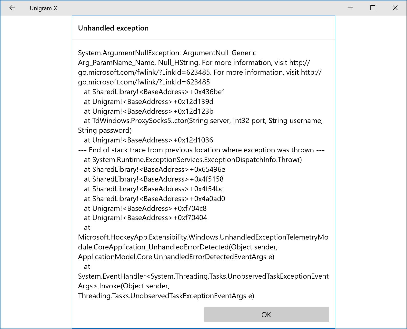 Unhandled exception while set proxy with no username & password · Issue #538 · UnigramDev ...