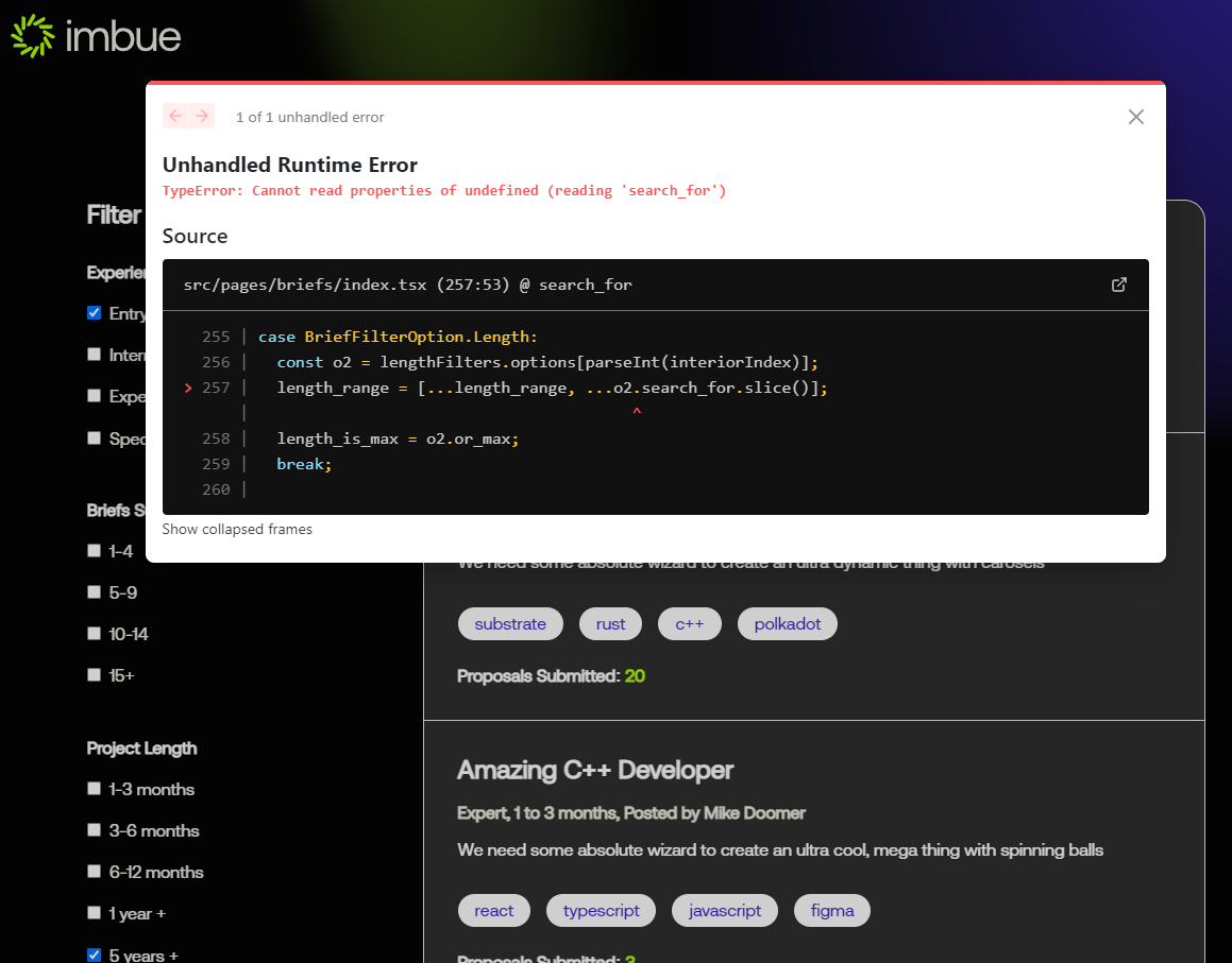 Error on brief search · Issue #35 · ImbueNetwork/imbue-frontend · GitHub