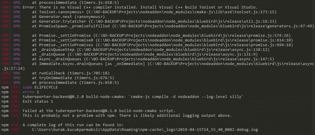 ERR! OMG There is no Visual C++ compiler installed. Install Visual C++ Build Toolset or Visual ...