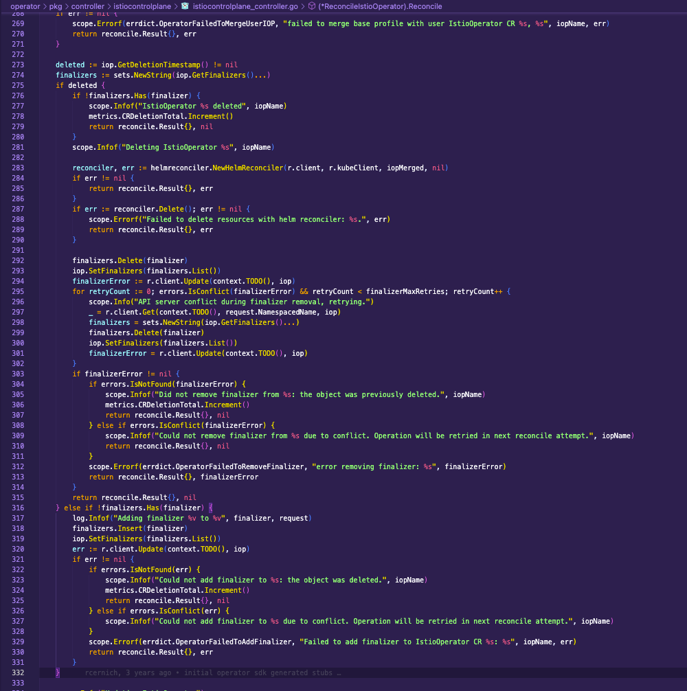 Istio operator will never delete finalizer if it fails to on the initial Reconciler attempt ...