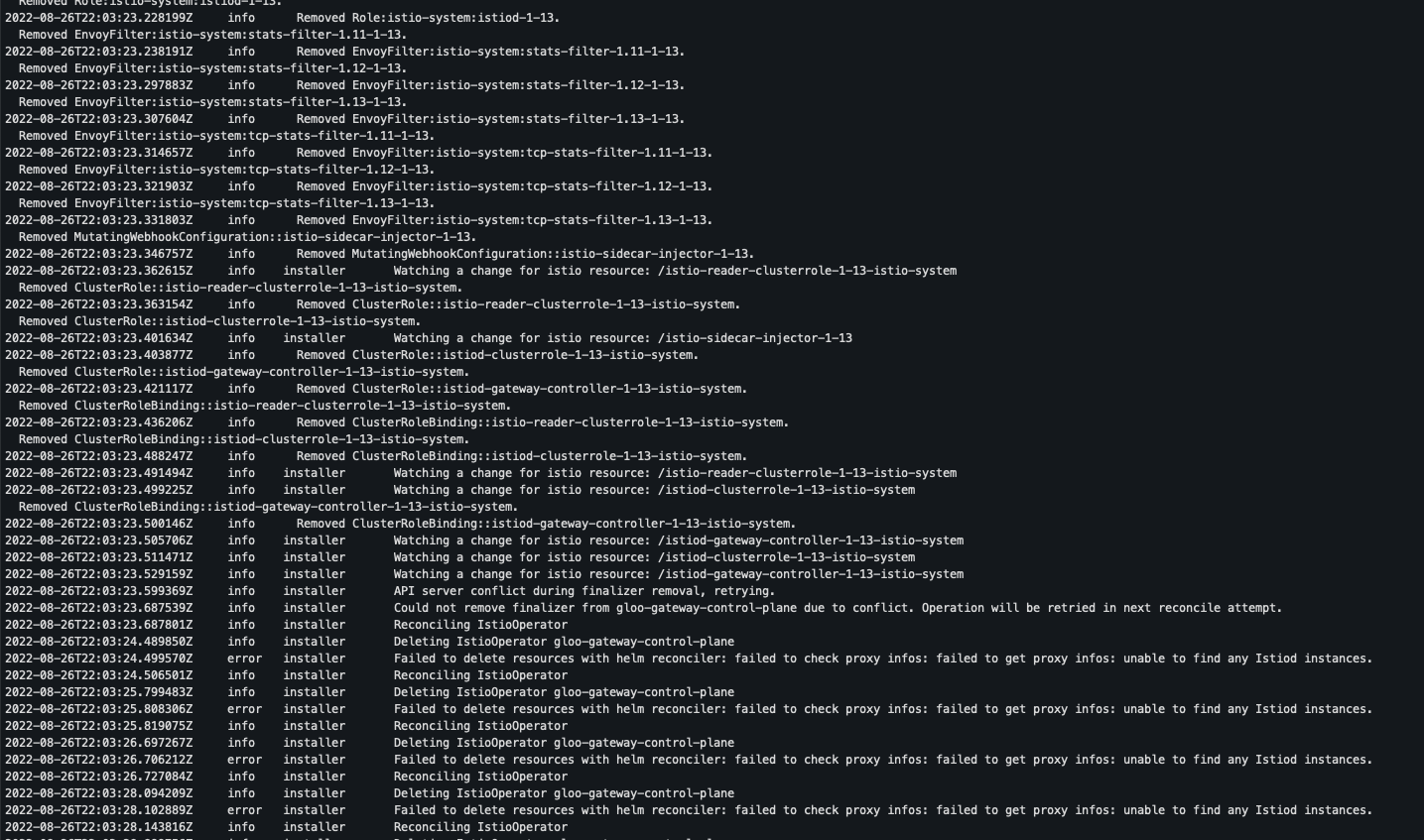 Istio operator will never delete finalizer if it fails to on the initial Reconciler attempt ...