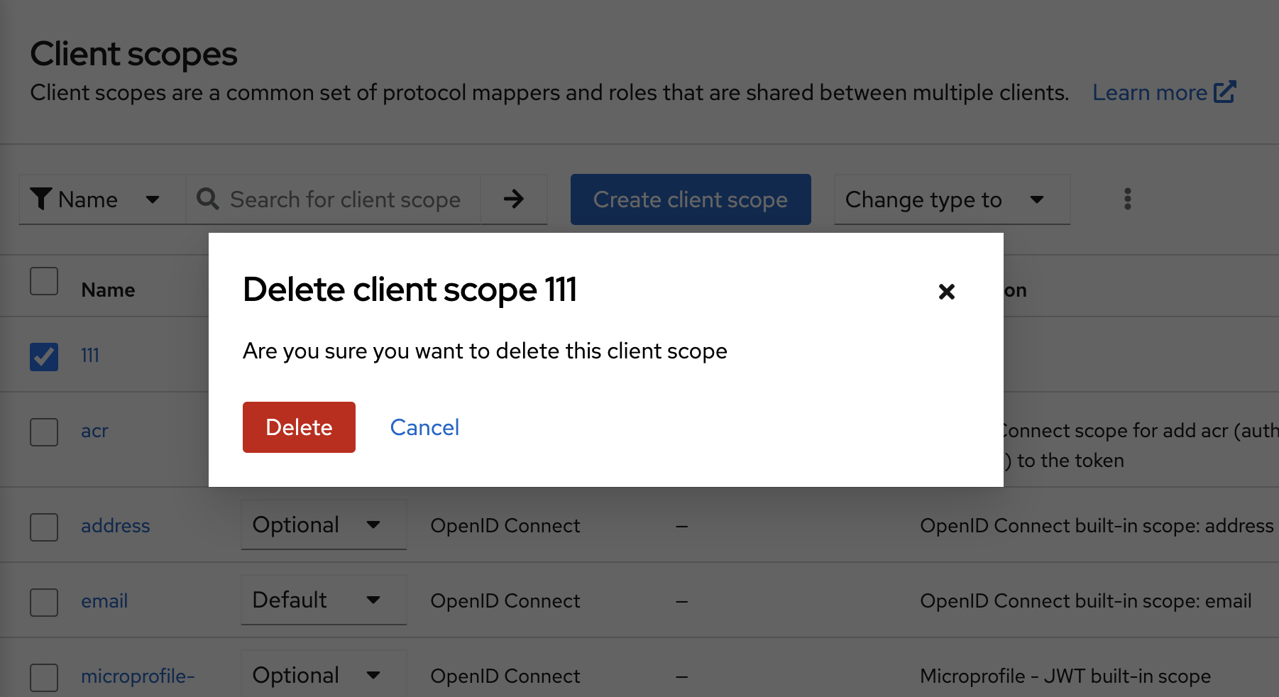 View client > Client scopes > Setup > Removing client scope from the ...