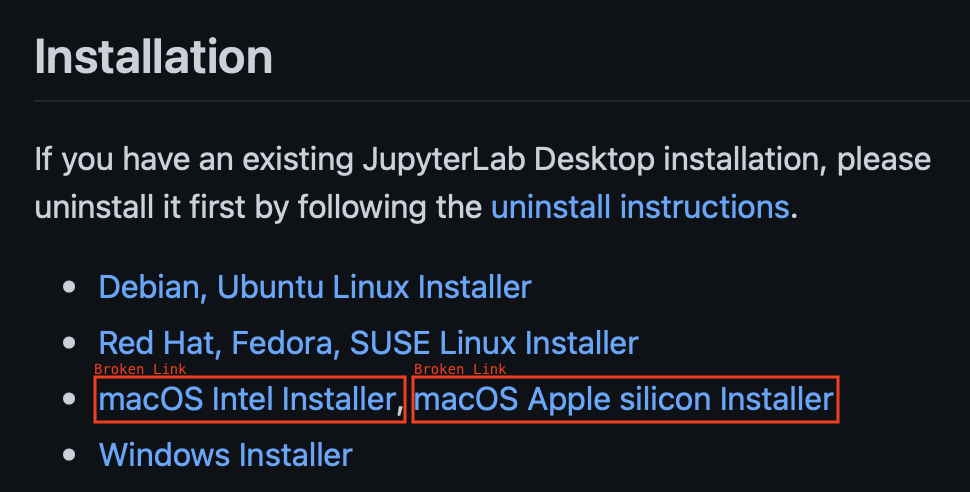Broken installation link for 'macOS Intel Installer' in README file redirects to 404 Error ...
