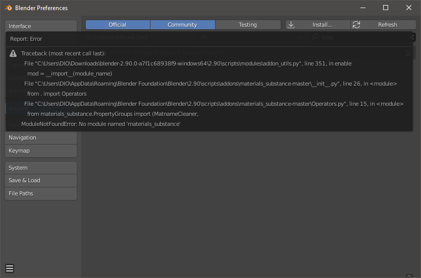 [PROBLEM]Error when install the addon · Issue #1 · Kos-Design/materials_substance · GitHub