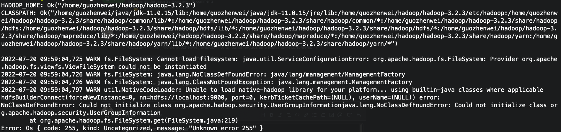 java.lang.NoClassDefFoundError: Could not initialize class org.apache.hadoop.security ...
