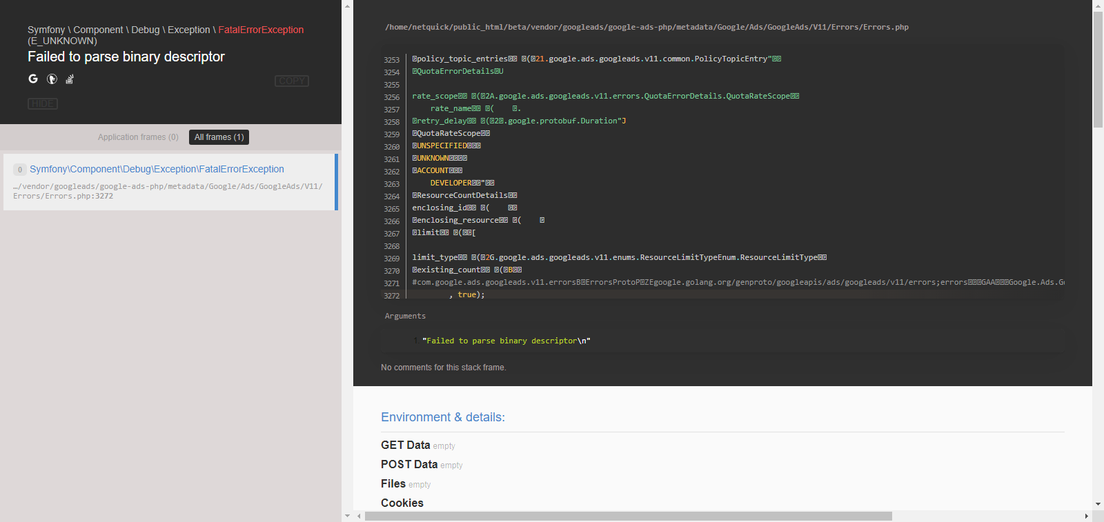 Failed to parse binary descriptor : getting error. · Issue #851 · googleads/google-ads-php · GitHub