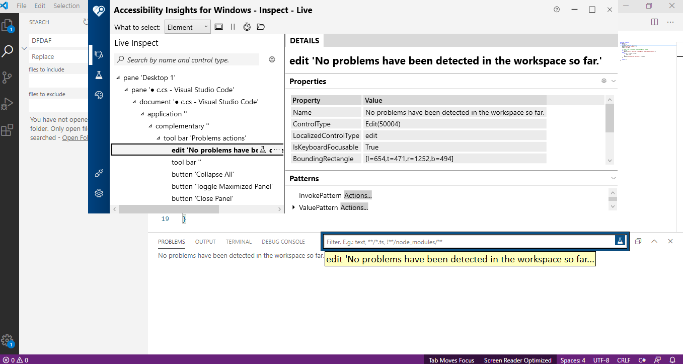 A11y_VSCode_Problems Panel_AI4D:Name of the filter edit box is provided as "No problems have ...