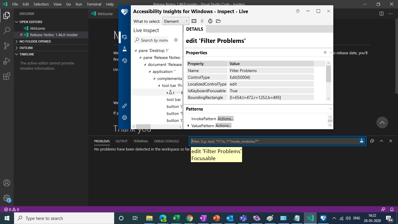 A11y_VSCode_Problems Panel_AI4D:Name of the filter edit box is provided as "No problems have ...