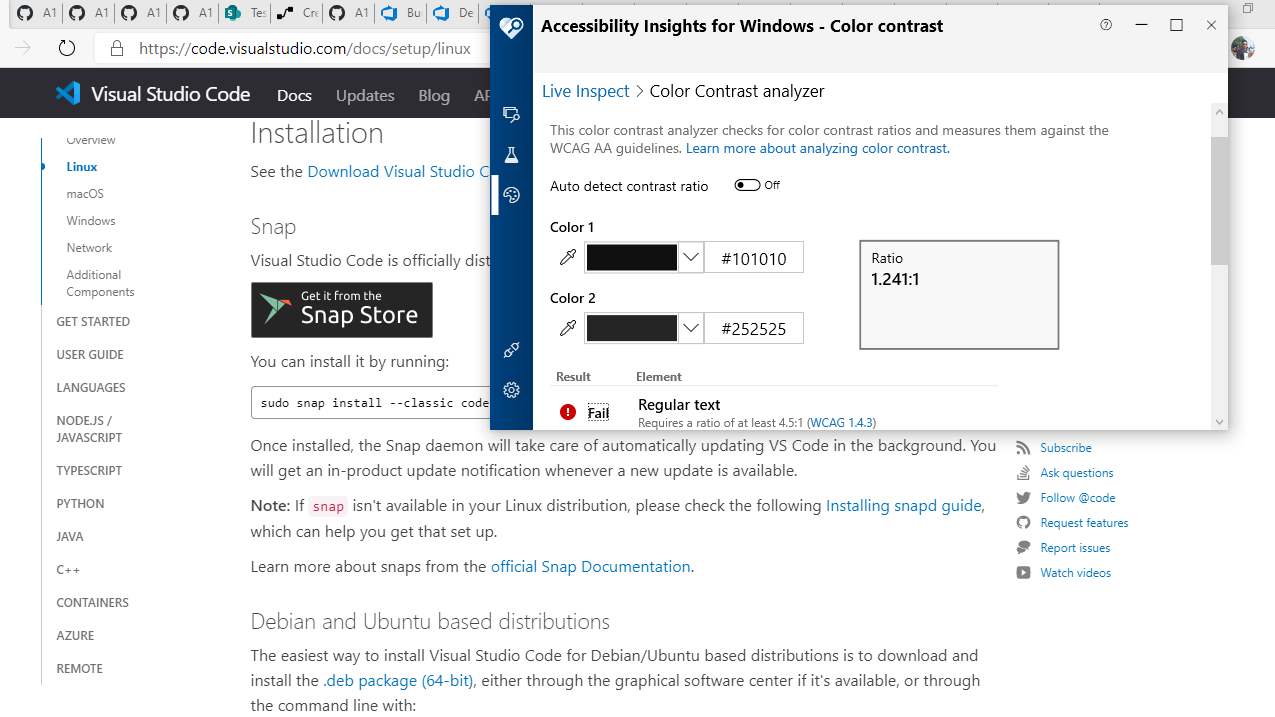A11y_code.visualstudio.com_VisualStudioCode_Linux_ColorContrast: Color Contrast ratio is less ...
