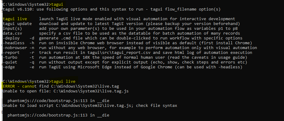 Unable to launch TagUI Live from C:\Windows\System32 - permission issue, try running from ...