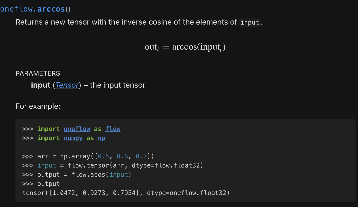 Add arccos op and docstr by lixiang007666 · Pull Request #6841 · Oneflow-Inc/oneflow · GitHub
