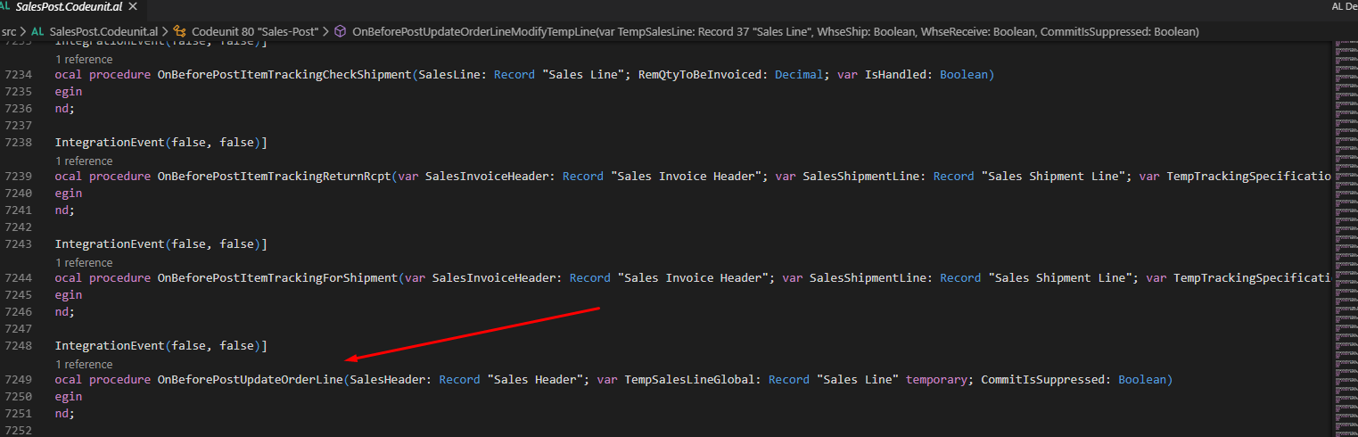 [EventRequest] codeunit 80 “Sales Post”, LOCAL PostUpdateOrderLine([local] Missing parameters ...