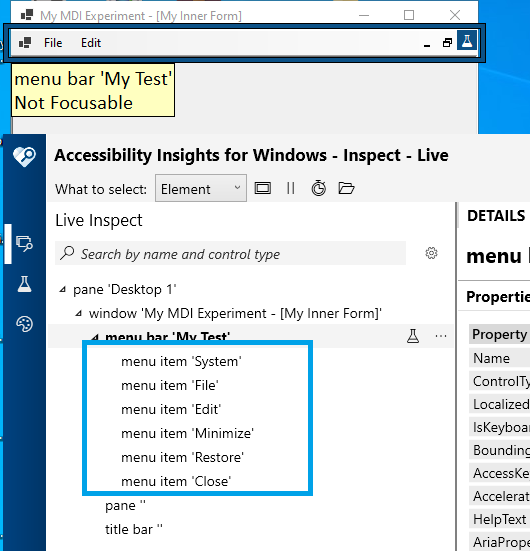 Menu bar for maximized hosted MDI window not being exposed through UIA ...