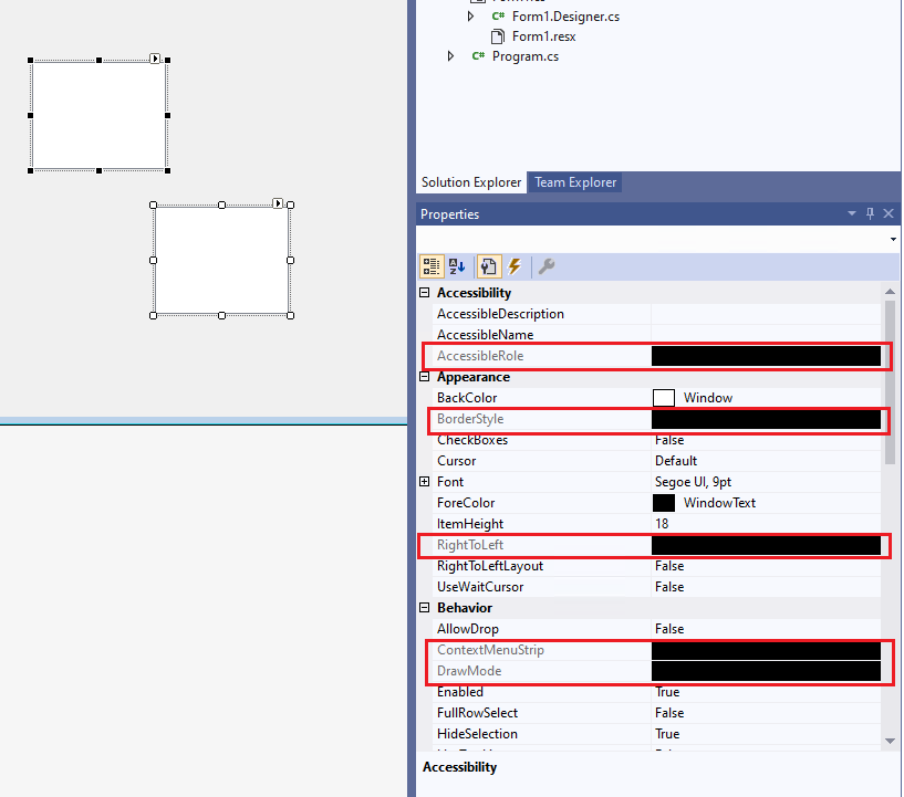 Some properties are grey with black rectangle in Properties window after choosing more controls ...