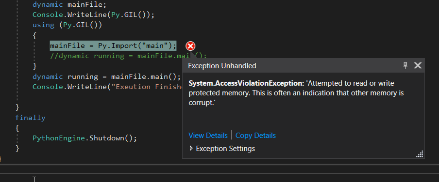 System AccessViolationException Occurs When Tried To Run A Python File 