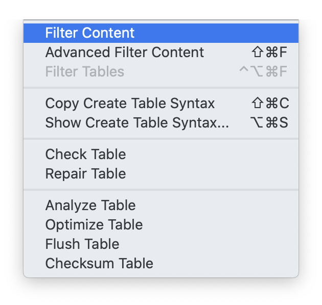 Shortcuts to filter tables not working · Issue #1049 · Sequel-Ace/Sequel-Ace · GitHub