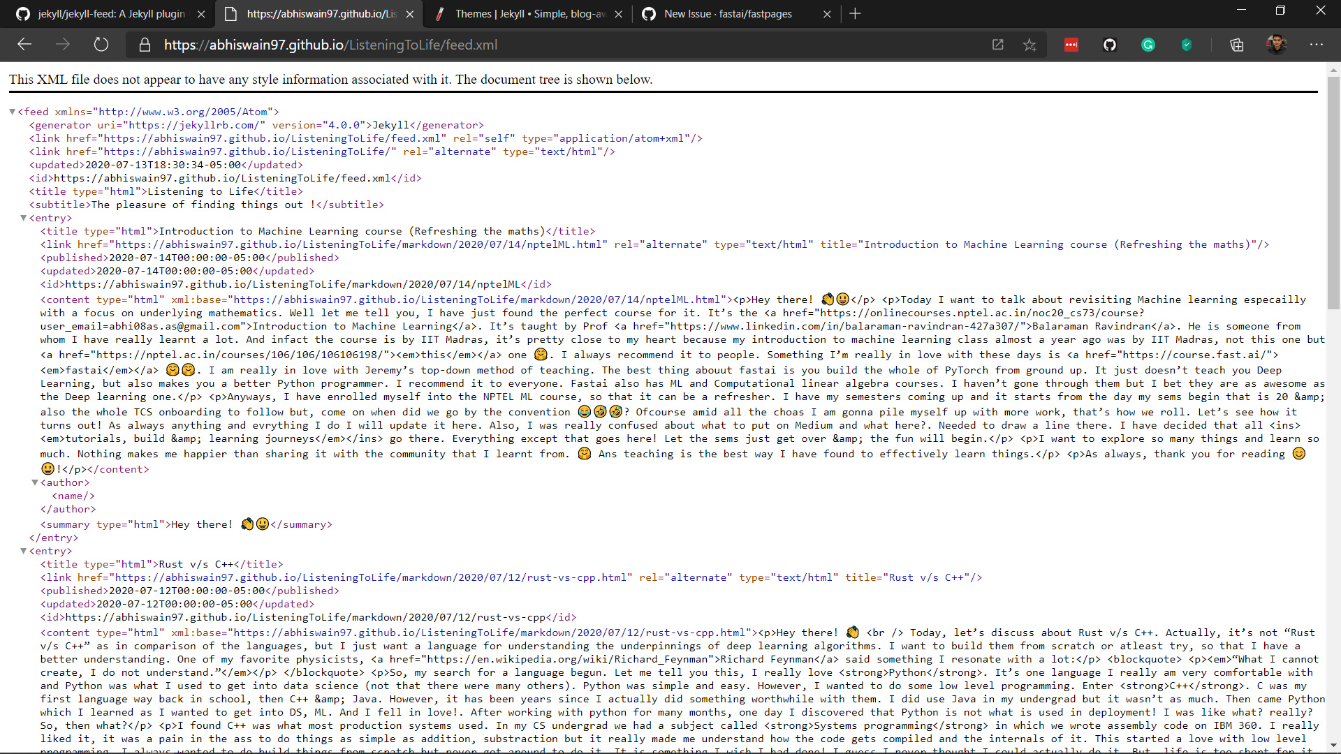 Issue with enabling RSS feed on fastpages · Issue #356 · fastai/fastpages · GitHub