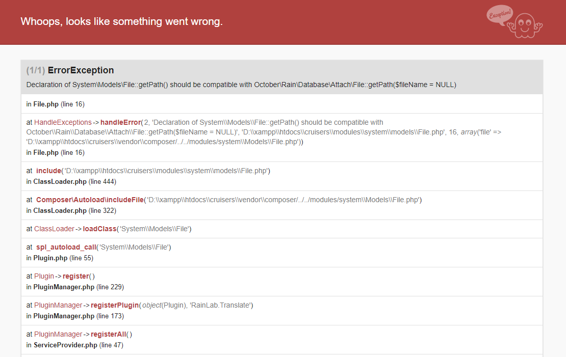 Declaration of System\Models\File::getPath() should be compatible with October\Rain\Database ...