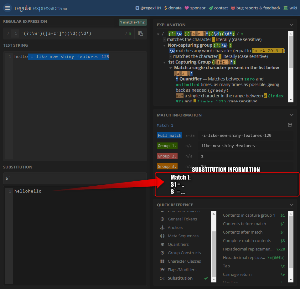 Preview and/or Explanation of Substitution Tokens · Issue #1468 · firasdib/Regex101 · GitHub
