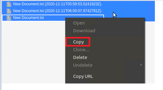 The action 'Copy' is enabled in the context menu when selecting one blob and its blob snapshots ...