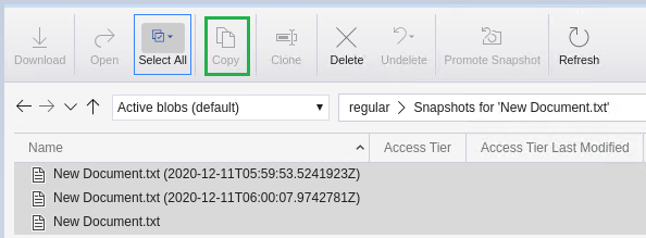 The action 'Copy' is enabled in the context menu when selecting one blob and its blob snapshots ...