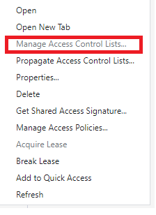 The action 'Manage Access Control Lists...' is disabled for one ADLS Gen2 blob container · Issue ...
