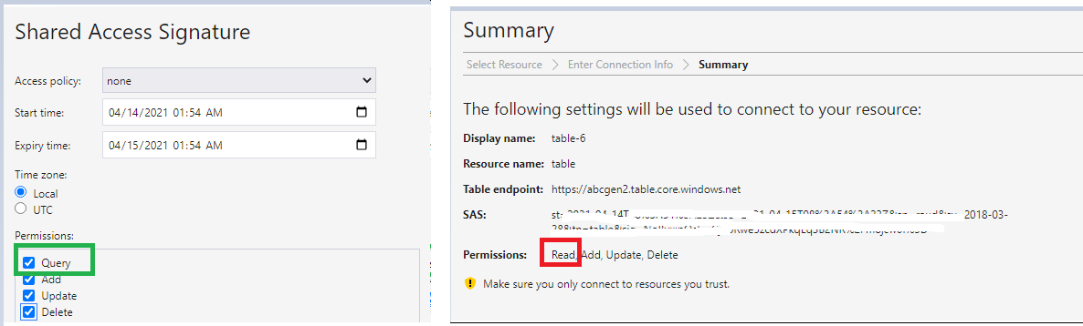Keep consistent permissions between 'Shared Access Signature' dialog and 'Summary' dialog ...