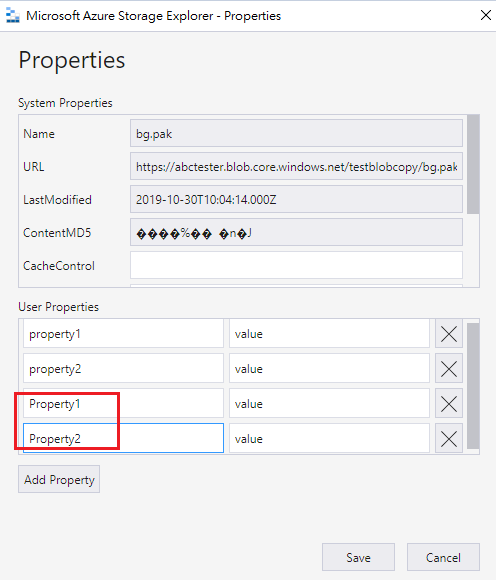 Show messy order of the properties when adding properties again for one ADLS Gen2 blob · Issue ...