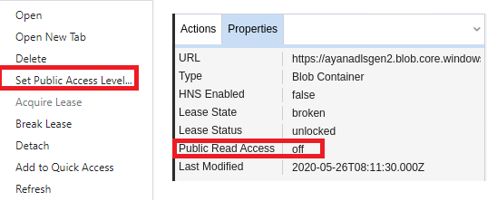 The action 'Set Public Access Level...' shows for one Azure AD attached blob container · Issue ...