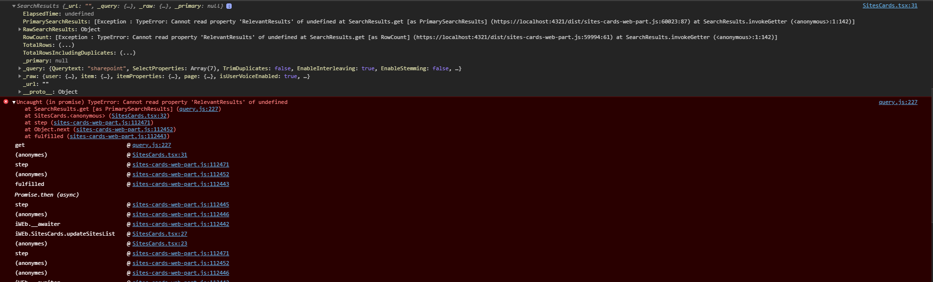 Search bug: searchWithCaching - TypeError: Cannot read property 'RelevantResults' of undefined ...