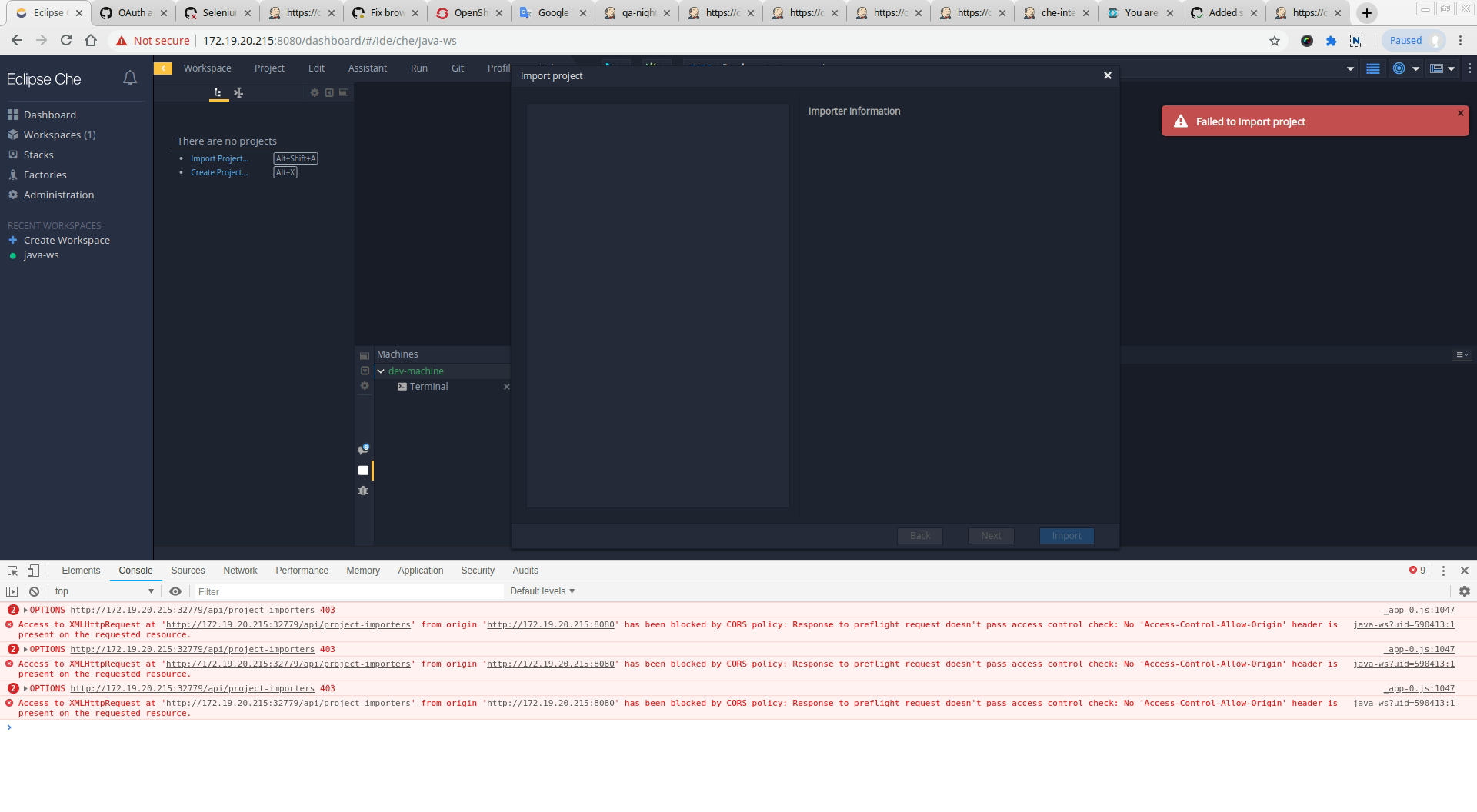 Import/Create project does not work on docker platform · Issue #12463 · eclipse-che/che · GitHub