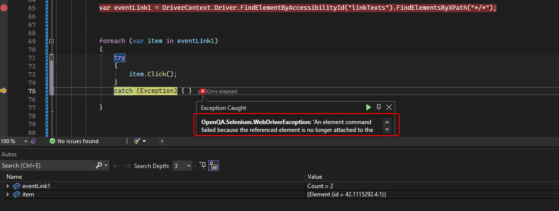 Driver found the element but could not click because of the "An element command failed because ...