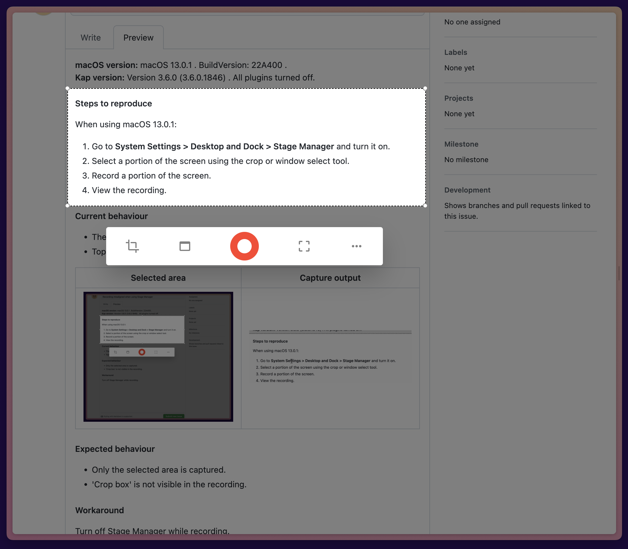 Recording misaligned when using Stage Manager · Issue #1155 · wulkano/Kap · GitHub