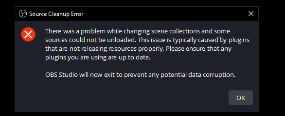 Browser sources failing to clear when clearing scene data on collection switch, forcing OBS exit ...