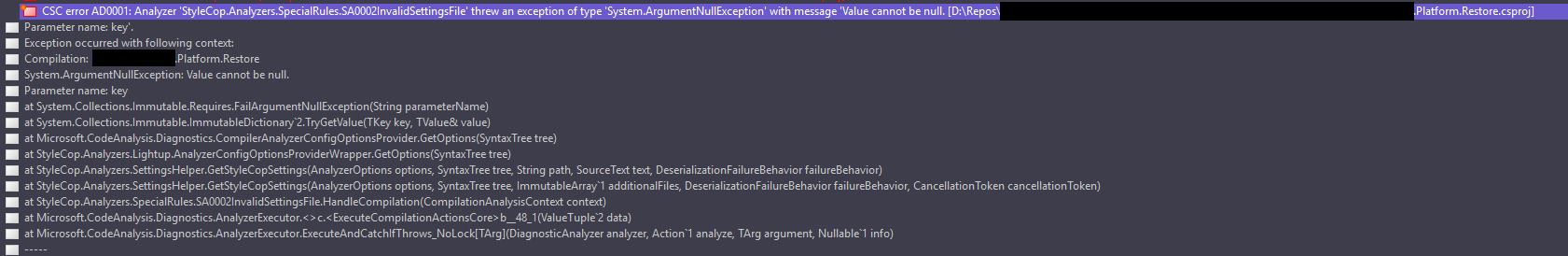 Ad0001 Stylecopanalyzersspecialrulessa0002invalidsettingsfile Error Introduced With Version 