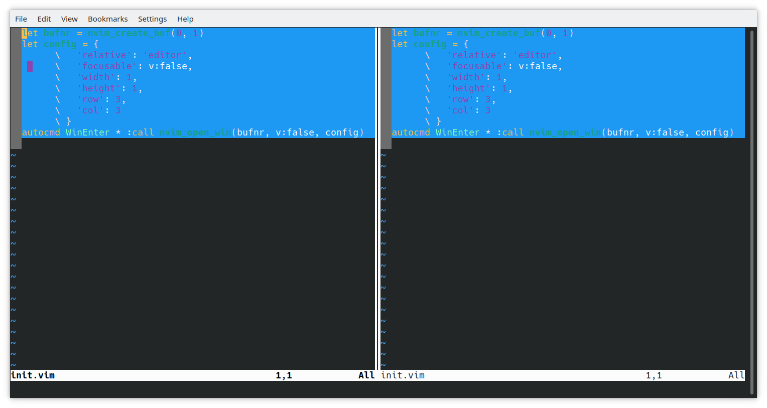 Opening a new buffer in a floating window during WinEnter breaks diff ...