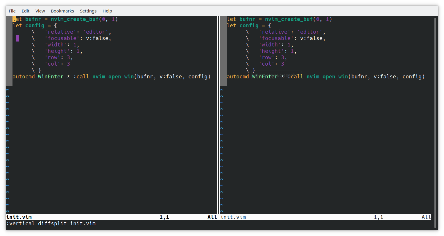 Opening a new buffer in a floating window during WinEnter breaks diff mode on startup · Issue ...