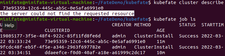 通过fate-9999和fate-10000.yaml文件创建好cluster后，Kubefate cluster describe XXX命令显示 the server could not ...