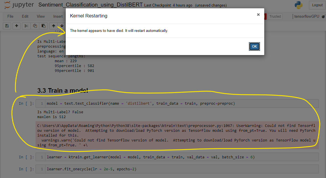 Kernel Dead while training a model! · Issue #388 · amaiya/ktrain · GitHub