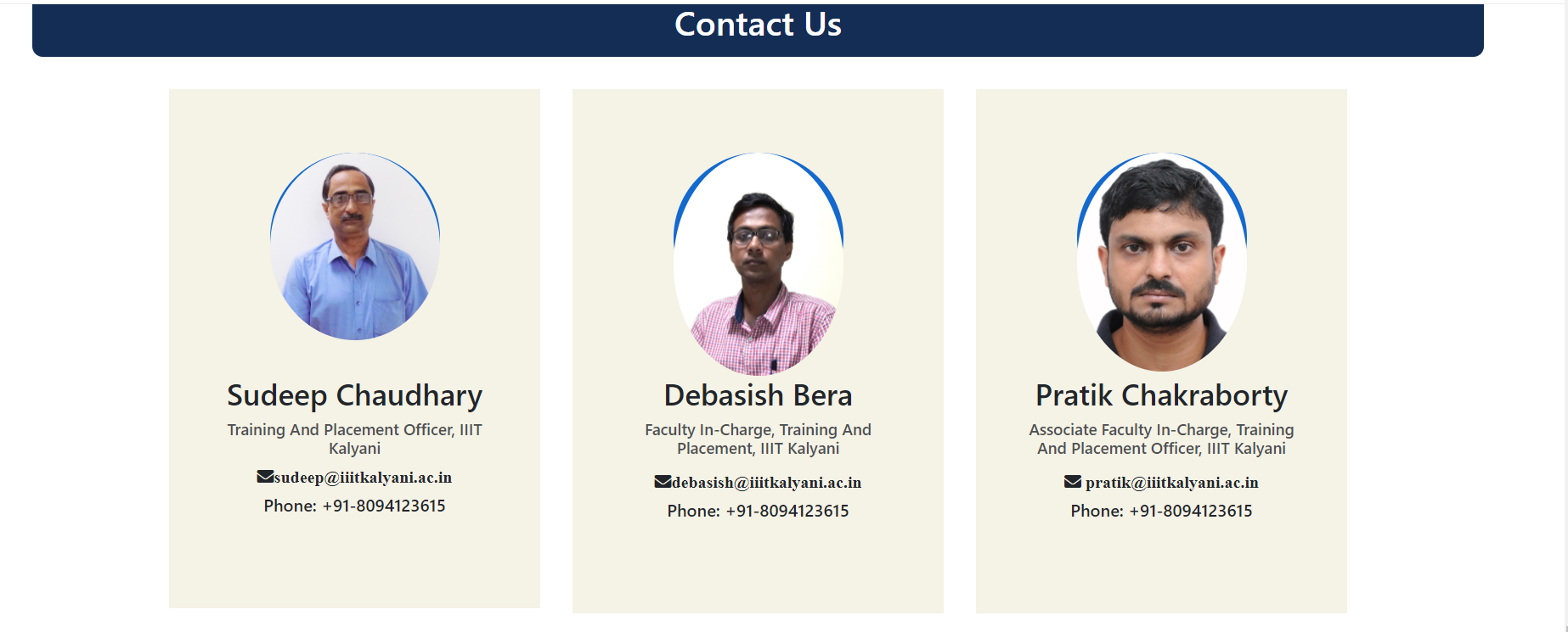 Remove "Debasish Bera" from Contact us section and change the position of "Pratik Chakraborty ...