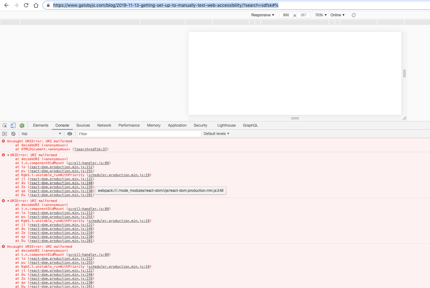 Scroll handler crashes when there is an invalid hash · Issue #26828 · gatsbyjs/gatsby · GitHub